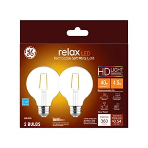 ge relax led light bulbs, 40 watt, soft white, g25 globe bulbs, clear, medium base (2 pack)