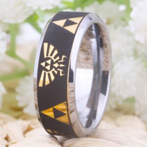 CLOUD DANCER FREE Custom Engraving The Legend of Zelda Ring- Crest and Triforce Ring Gold with Silver Bevel Tungsten Carbide Wedding Ring Engagement Ring (10)