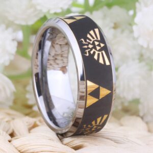 CLOUD DANCER FREE Custom Engraving The Legend of Zelda Ring- Crest and Triforce Ring Gold with Silver Bevel Tungsten Carbide Wedding Ring Engagement Ring (10)