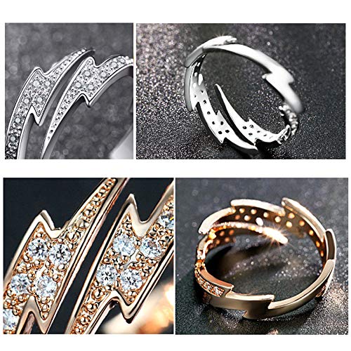 QIAN0813 18K Rose Gold Tone Adjustable Open Finger Rings Lightning Bolt for Women Shining Cubic Zircon CZ Ring Fashion Jewelry (18K white gold)