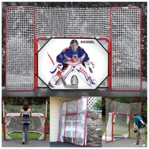 ezgoal 4' x 6' hockey folding steel 2" goal with 10' x 6' backstop, 4 targets nets, a new shooter tutor and wheels to help move the goal, red, (67099)