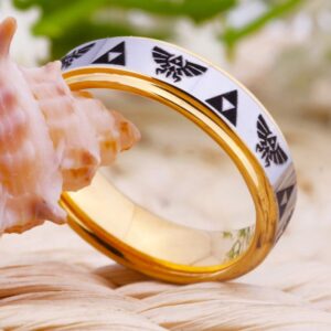 CLOUD DANCER FREE Custom Engraving The Legend of Zelda Ring- Crest and Triforce Ring Gold Step Tungsten Carbide Wedding Bands Ring (9.5)