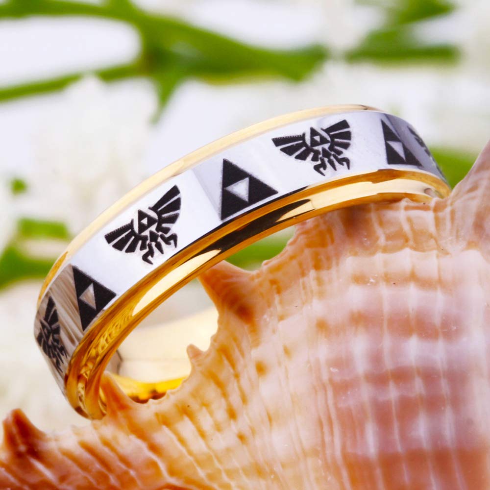 CLOUD DANCER FREE Custom Engraving The Legend of Zelda Ring- Crest and Triforce Ring Gold Step Tungsten Carbide Wedding Bands Ring (9.5)