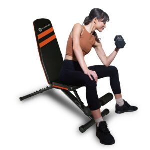 gymenist exercise bench adjustable foldable compact workout weight bench easy to carry no assembly needed, black-orange (fold-110b)