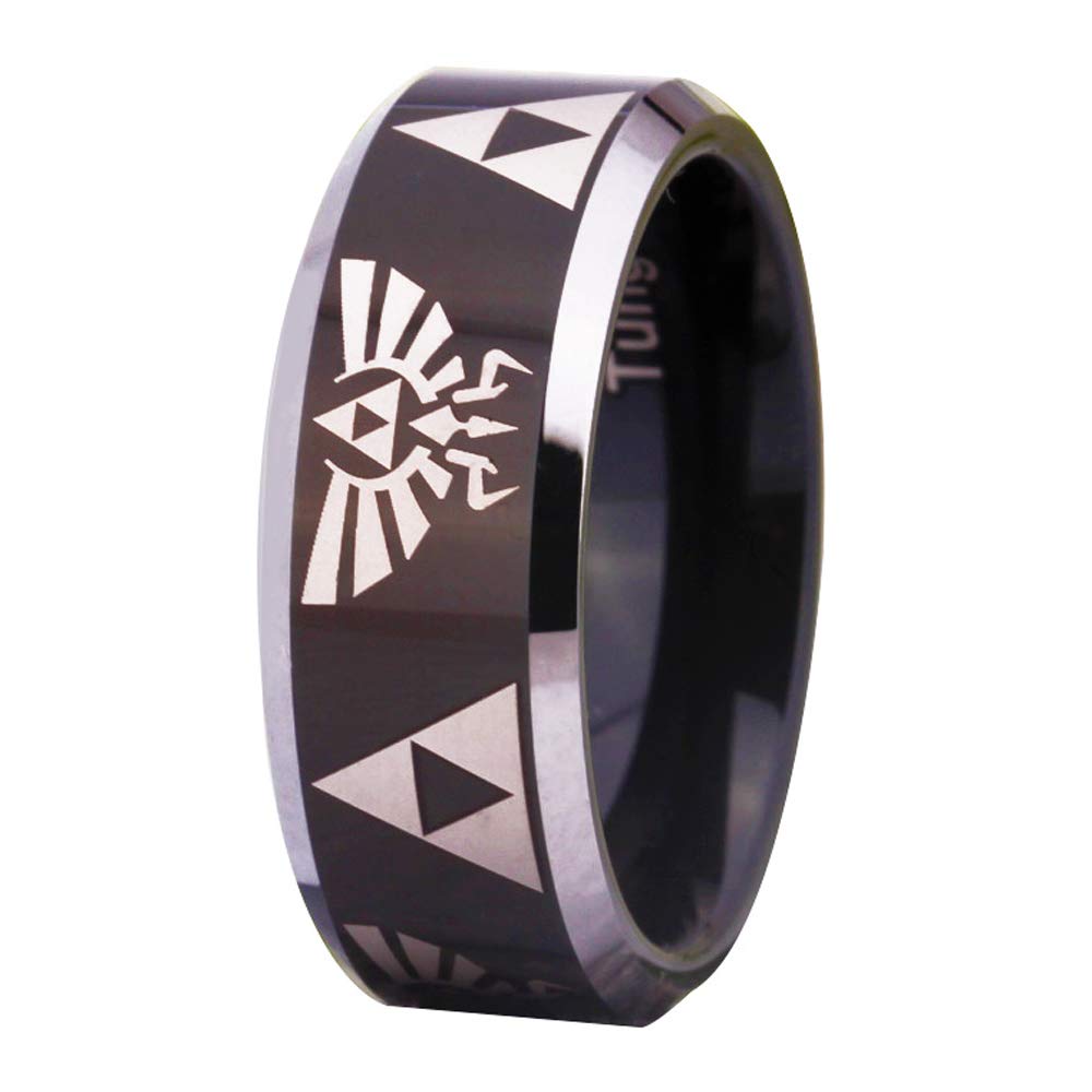 FREE Custom Engraving The Legend of Zelda Ring- Crest and Triforce Ring Black Tungsten Carbide Wedding Bands Ring (10.5)