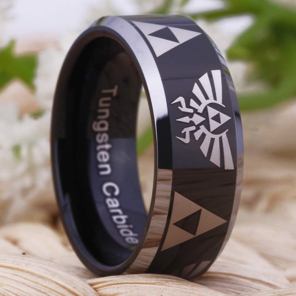 FREE Custom Engraving The Legend of Zelda Ring- Crest and Triforce Ring Black Tungsten Carbide Wedding Bands Ring (10.5)