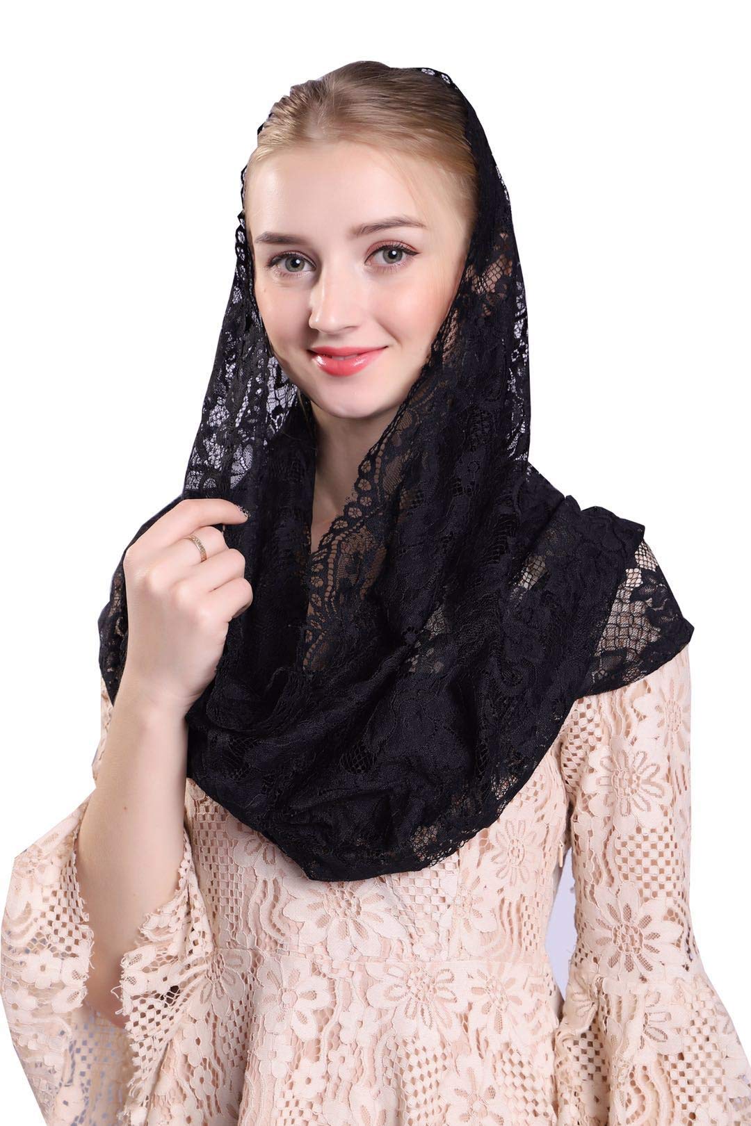 Grettytling Soft and Comfortable Mantilla Veils Spanish Style Lace Infinity Veil Mantilla Latin (Black)