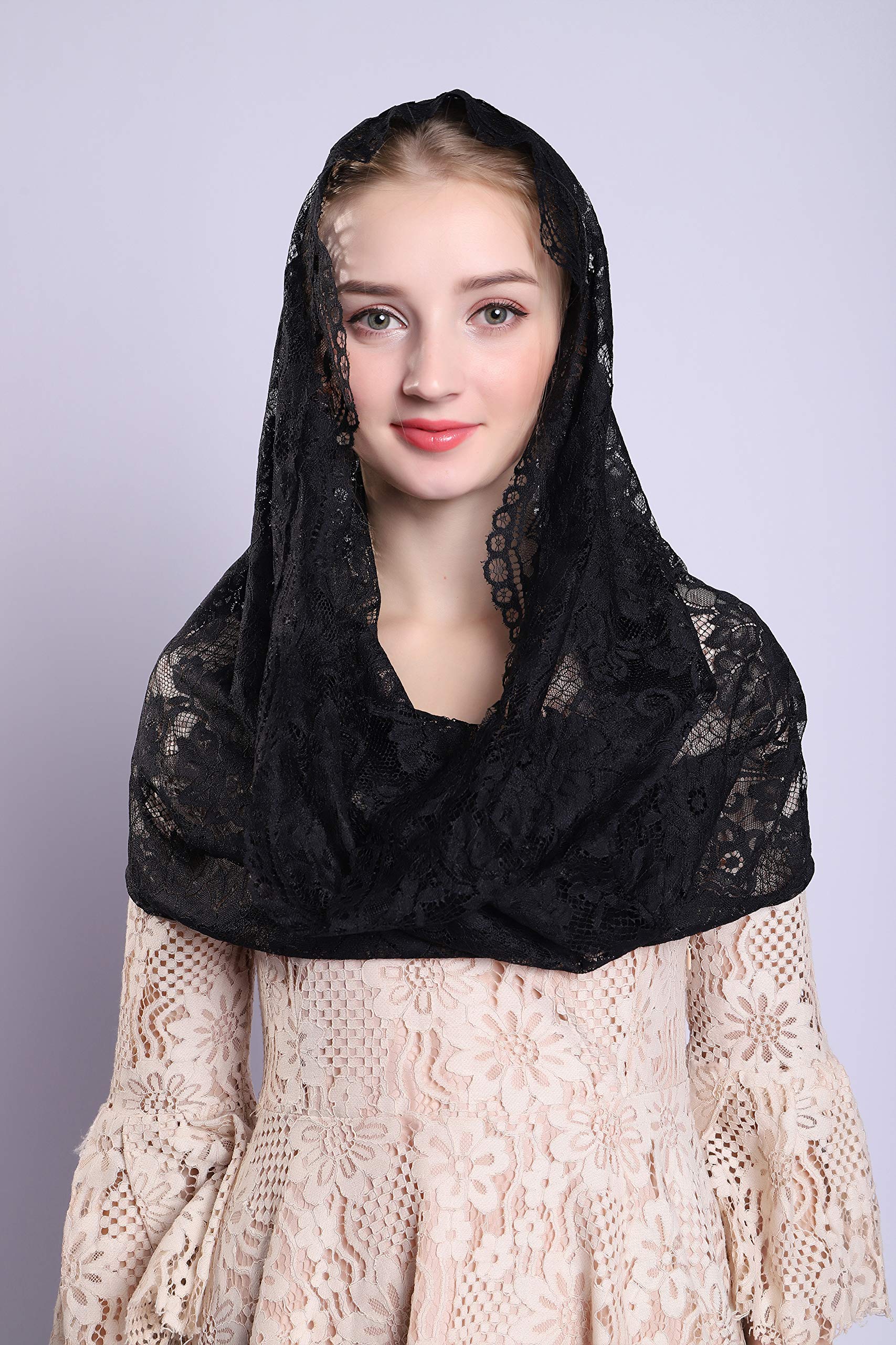 Grettytling Soft and Comfortable Mantilla Veils Spanish Style Lace Infinity Veil Mantilla Latin (Black)