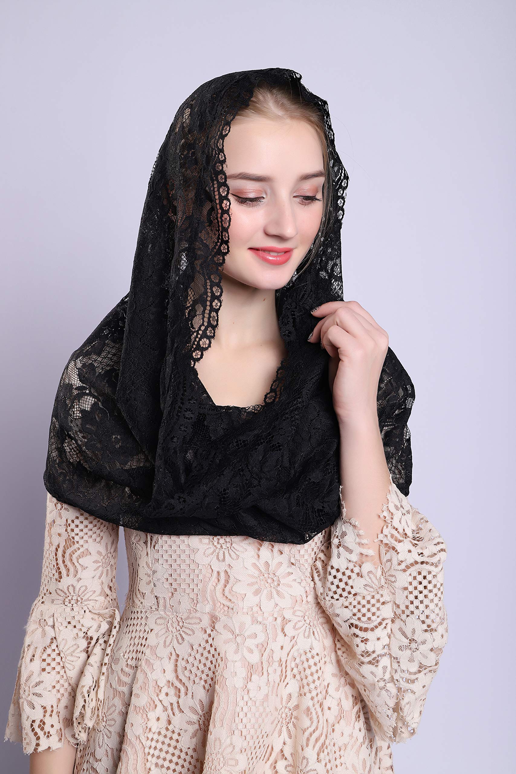 Grettytling Soft and Comfortable Mantilla Veils Spanish Style Lace Infinity Veil Mantilla Latin (Black)