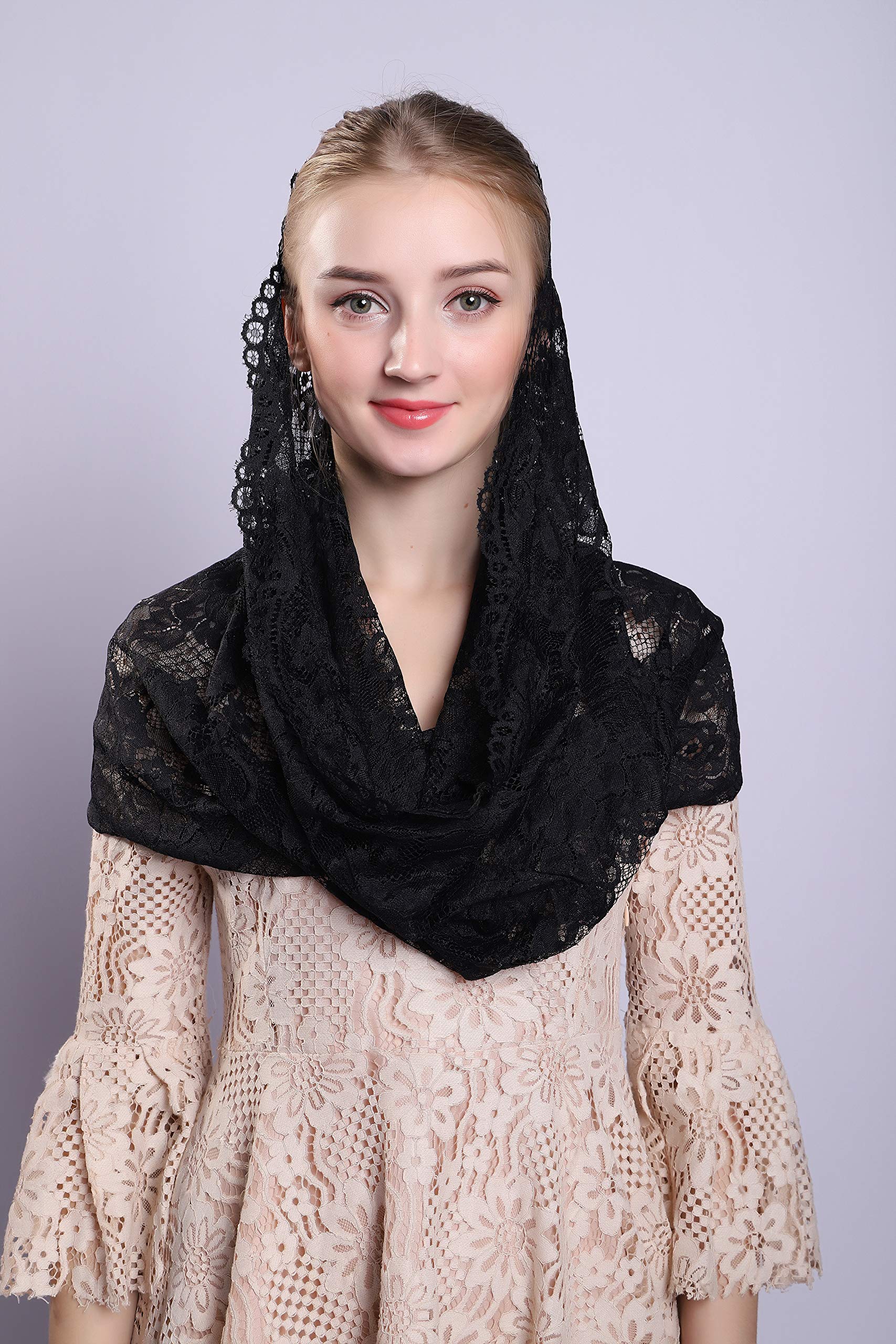 Grettytling Soft and Comfortable Mantilla Veils Spanish Style Lace Infinity Veil Mantilla Latin (Black)