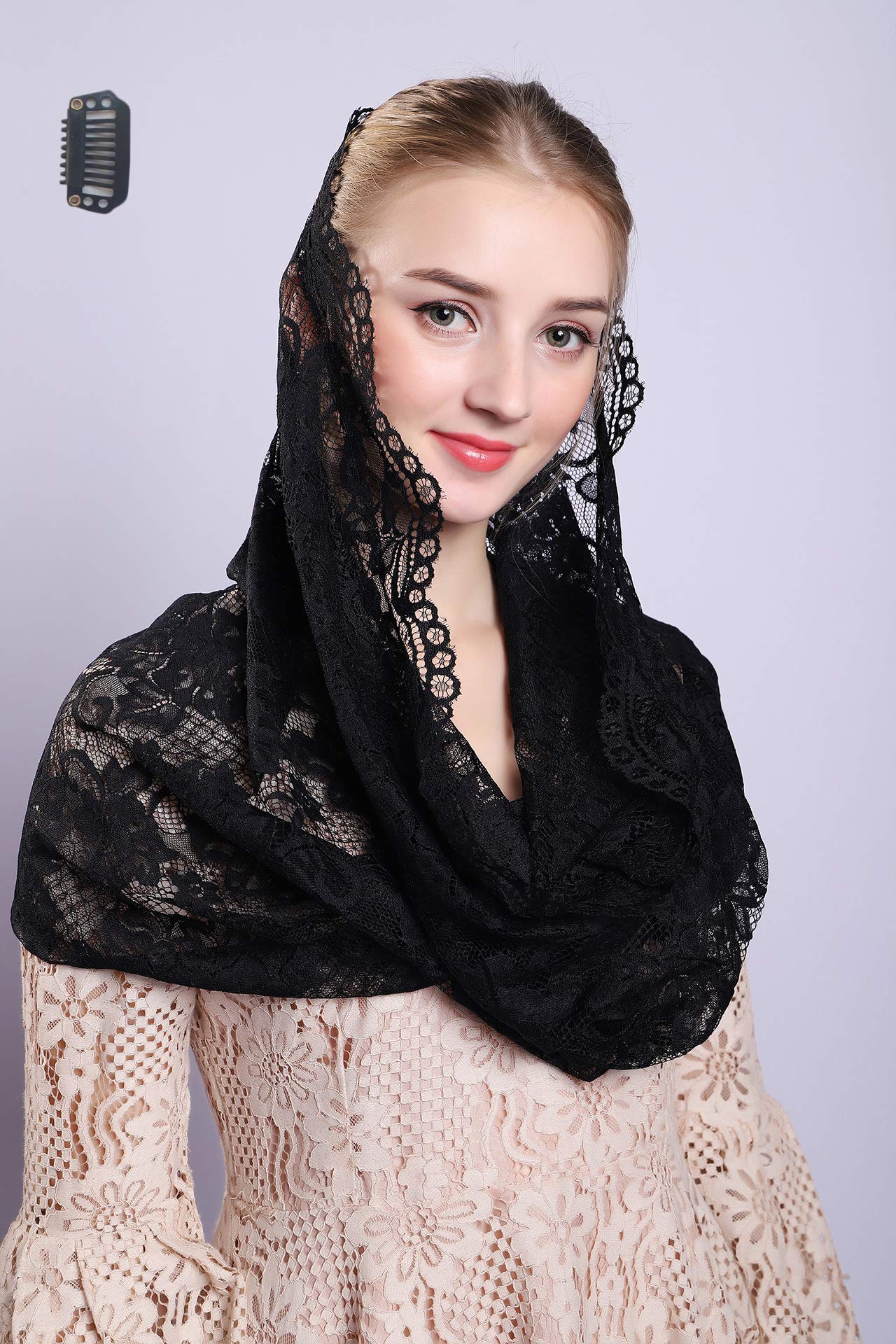 Grettytling Soft and Comfortable Mantilla Veils Spanish Style Lace Infinity Veil Mantilla Latin (Black)