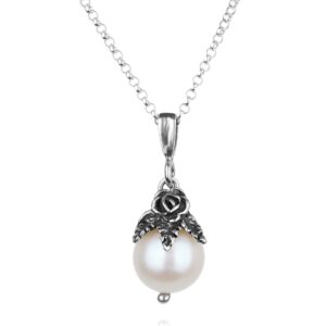 paz creations 925 sterling silver pearl pendant necklace with round ball-shape white freshwater pearl and handcrafted floral cap - natural elegant jewelry