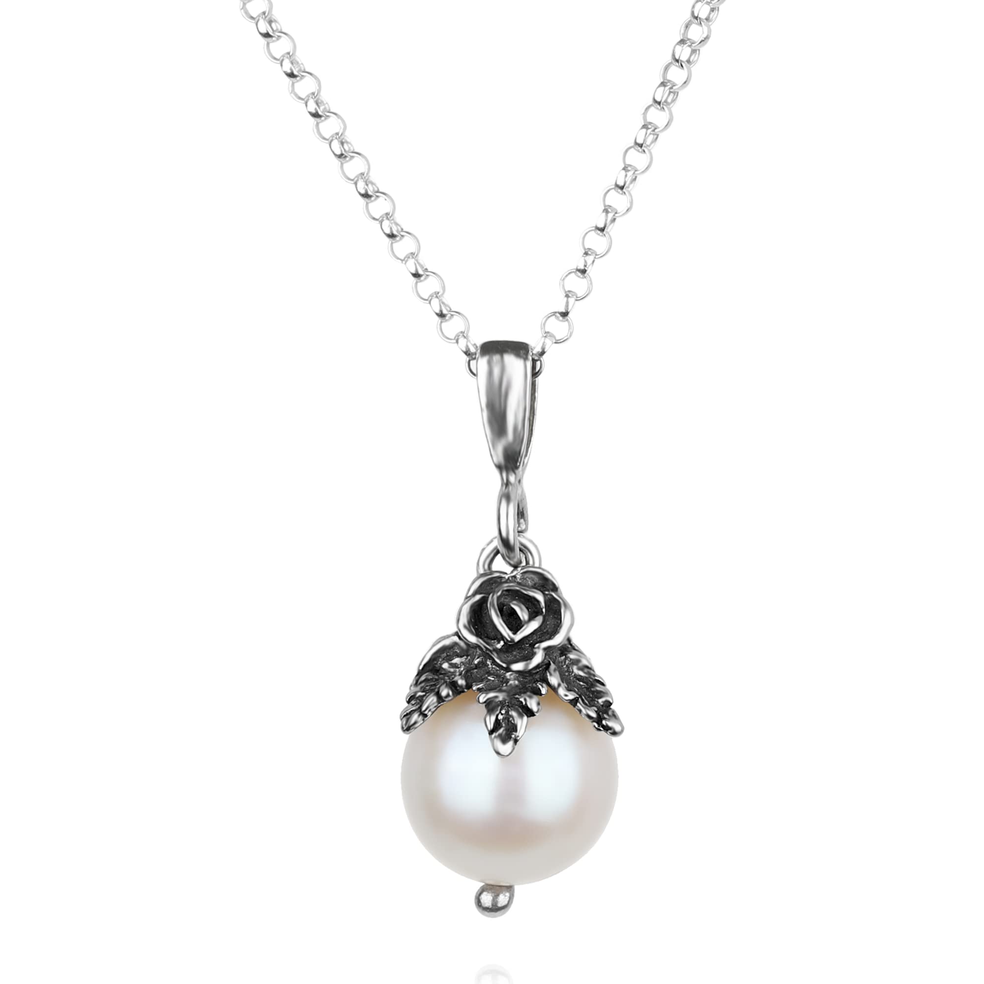 Paz Creations 925 Sterling Silver Pearl Pendant Necklace with Round Ball-Shape White Freshwater Pearl and Handcrafted Floral Cap - Natural Elegant Jewelry