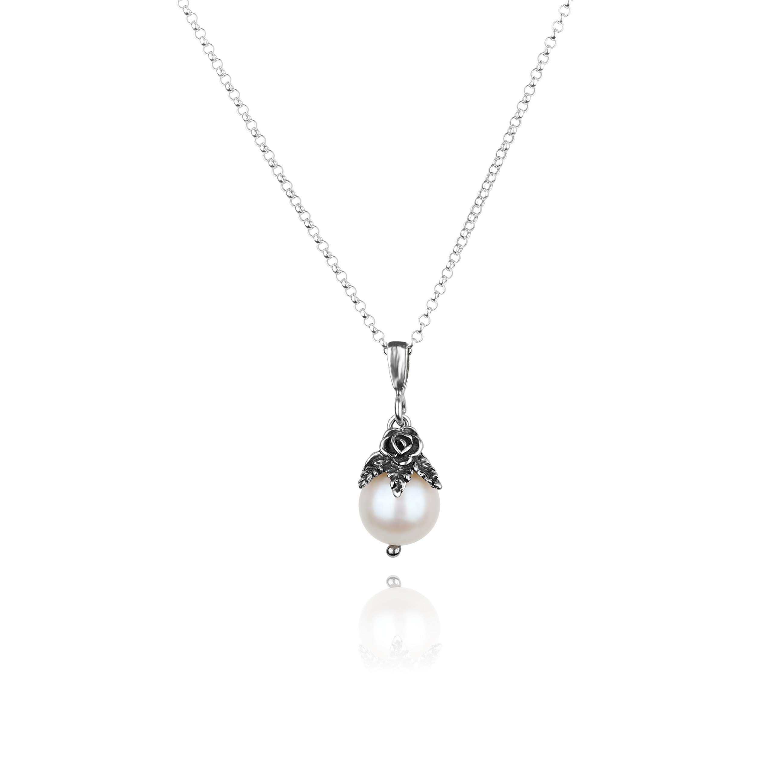 Paz Creations 925 Sterling Silver Pearl Pendant Necklace with Round Ball-Shape White Freshwater Pearl and Handcrafted Floral Cap - Natural Elegant Jewelry