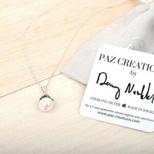 Paz Creations 925 Sterling Silver Pearl Pendant Necklace with Round Ball-Shape White Freshwater Pearl and Handcrafted Floral Cap - Natural Elegant Jewelry