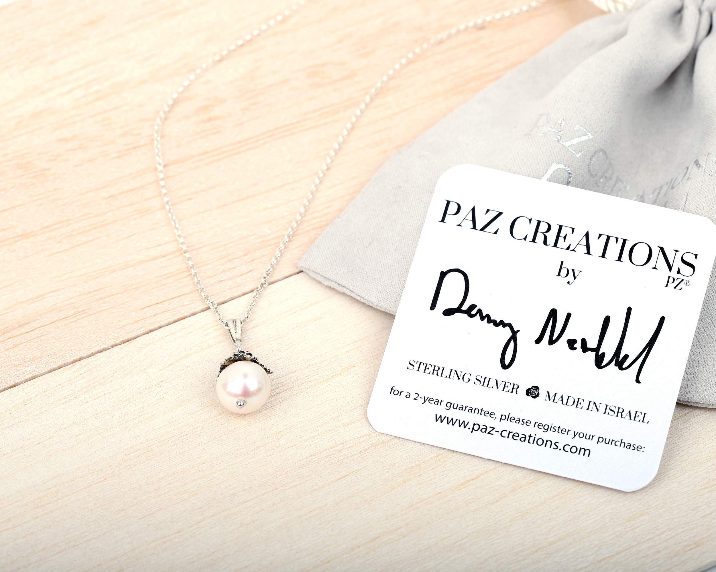 Paz Creations 925 Sterling Silver Pearl Pendant Necklace with Round Ball-Shape White Freshwater Pearl and Handcrafted Floral Cap - Natural Elegant Jewelry