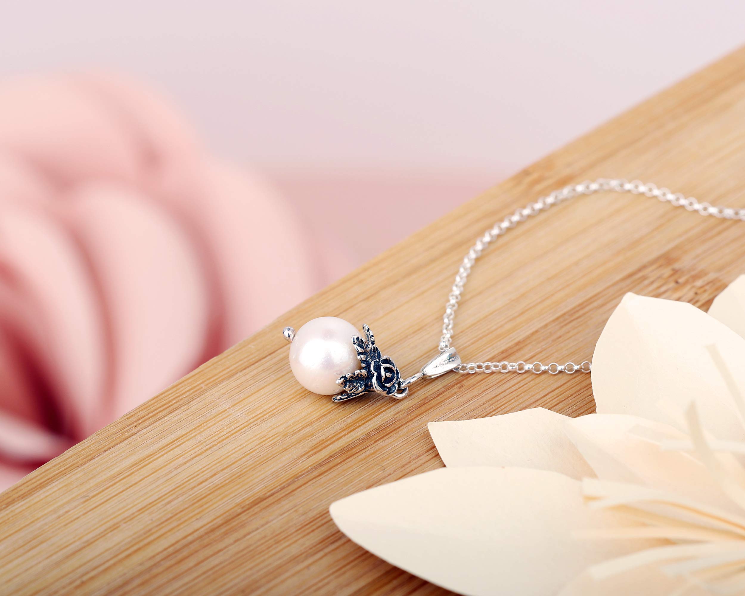 Paz Creations 925 Sterling Silver Pearl Pendant Necklace with Round Ball-Shape White Freshwater Pearl and Handcrafted Floral Cap - Natural Elegant Jewelry