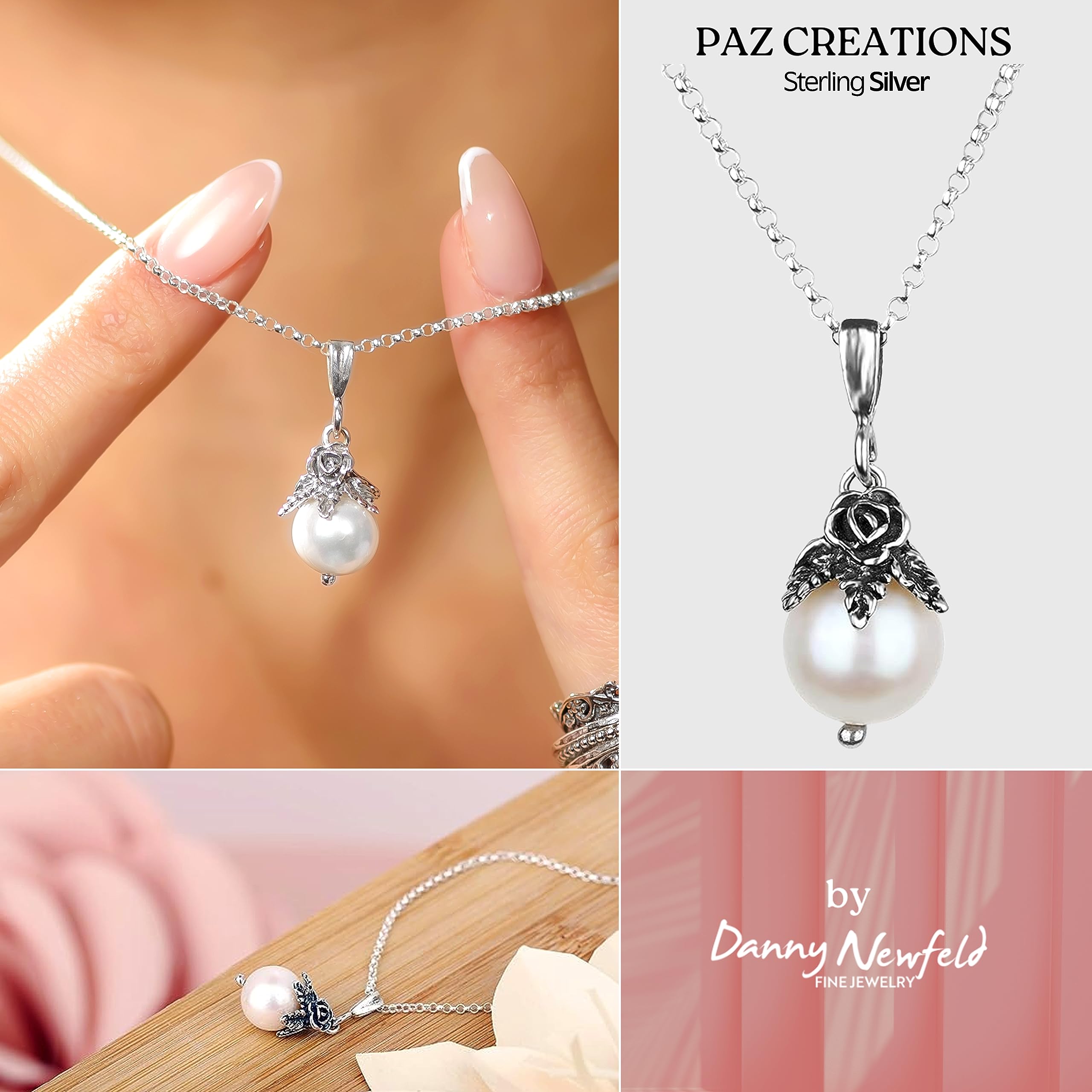 Paz Creations 925 Sterling Silver Pearl Pendant Necklace with Round Ball-Shape White Freshwater Pearl and Handcrafted Floral Cap - Natural Elegant Jewelry