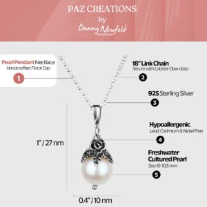 Paz Creations 925 Sterling Silver Pearl Pendant Necklace with Round Ball-Shape White Freshwater Pearl and Handcrafted Floral Cap - Natural Elegant Jewelry