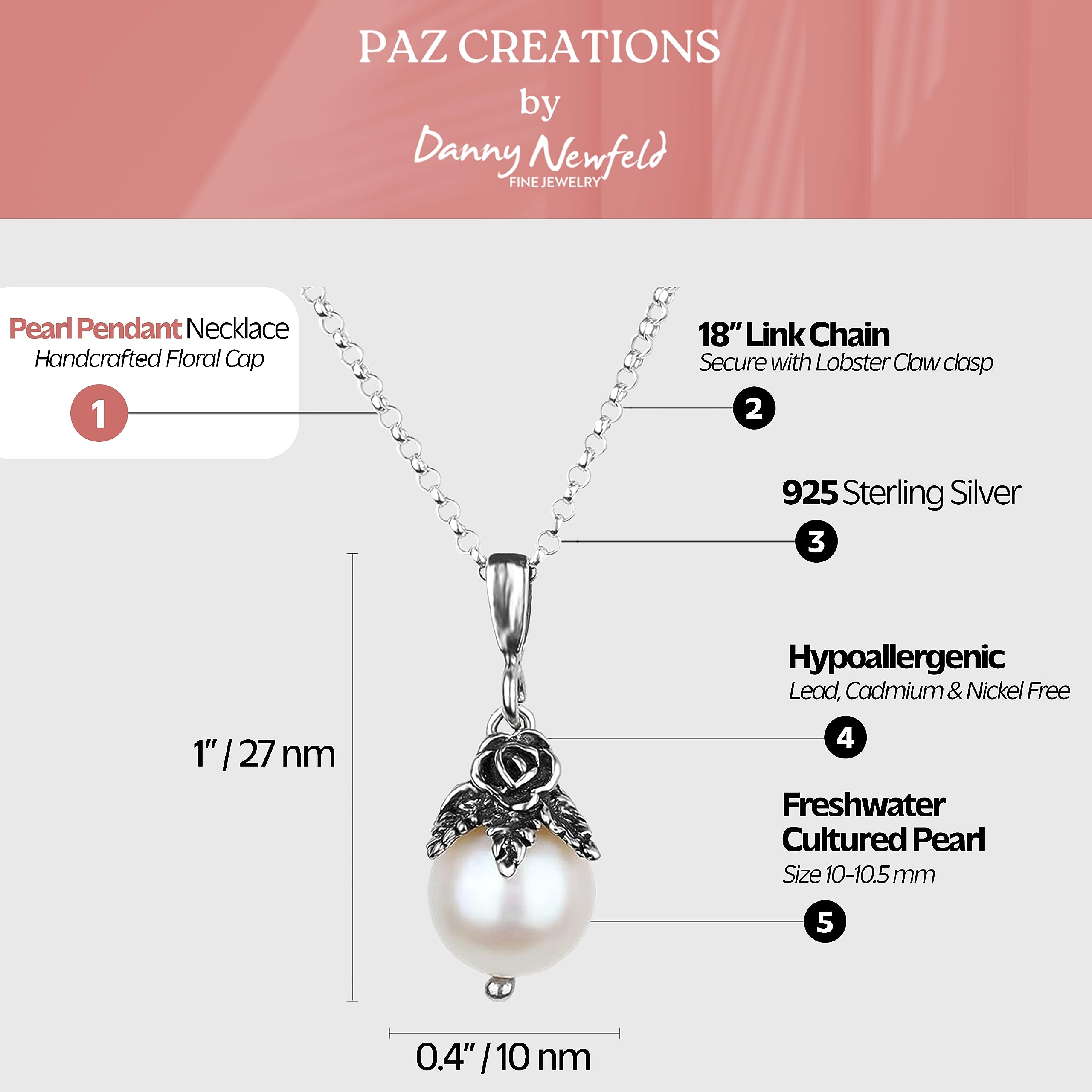 Paz Creations 925 Sterling Silver Pearl Pendant Necklace with Round Ball-Shape White Freshwater Pearl and Handcrafted Floral Cap - Natural Elegant Jewelry