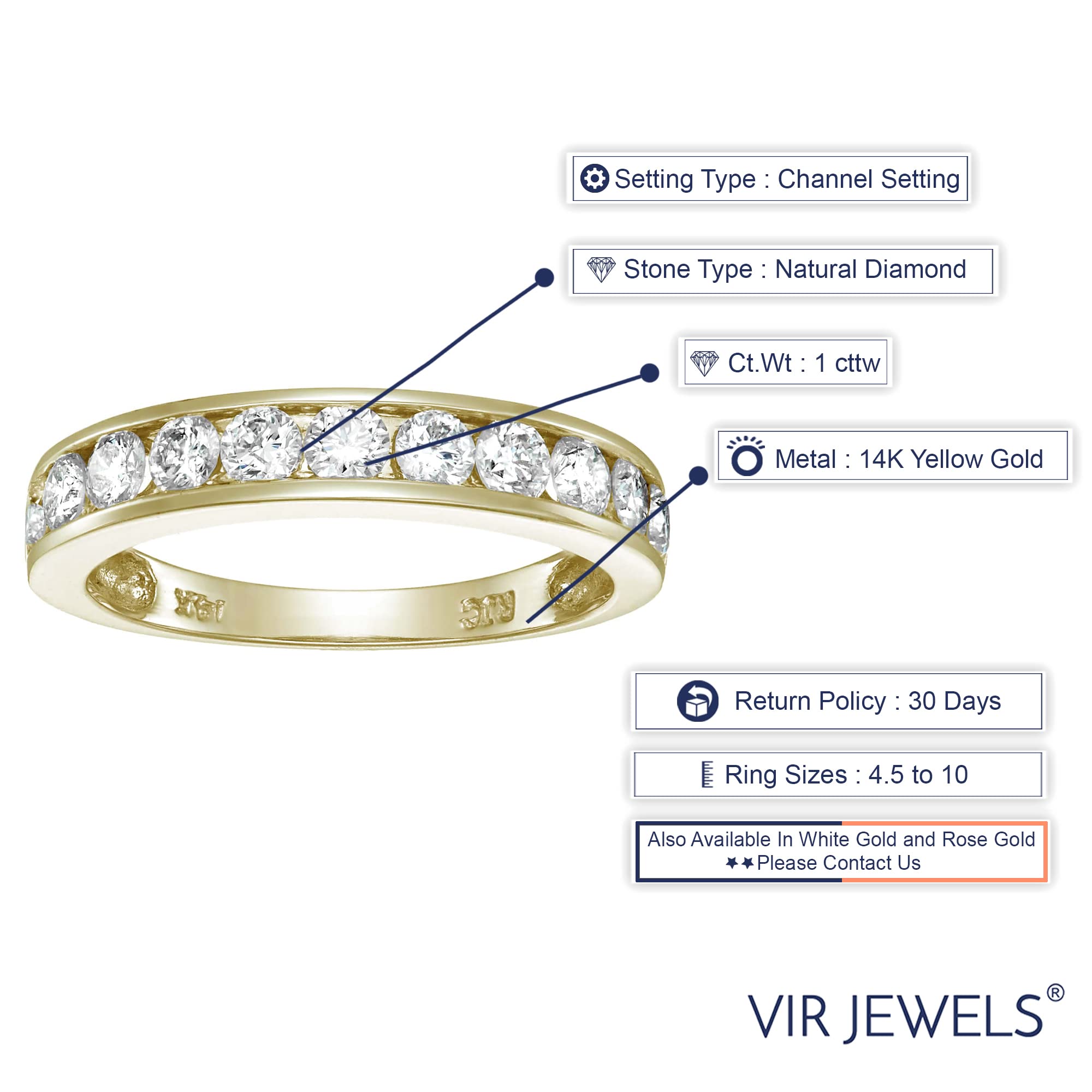 Vir Jewels 1 cttw Diamond Wedding Anniversary Band for Women Half Eternity Diamond Engagement Ring 14K Yellow Gold Channel Set Size 7.5