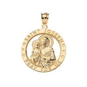 calirosejewelry 14k saint joseph pray for us round charm pendant in yellow gold