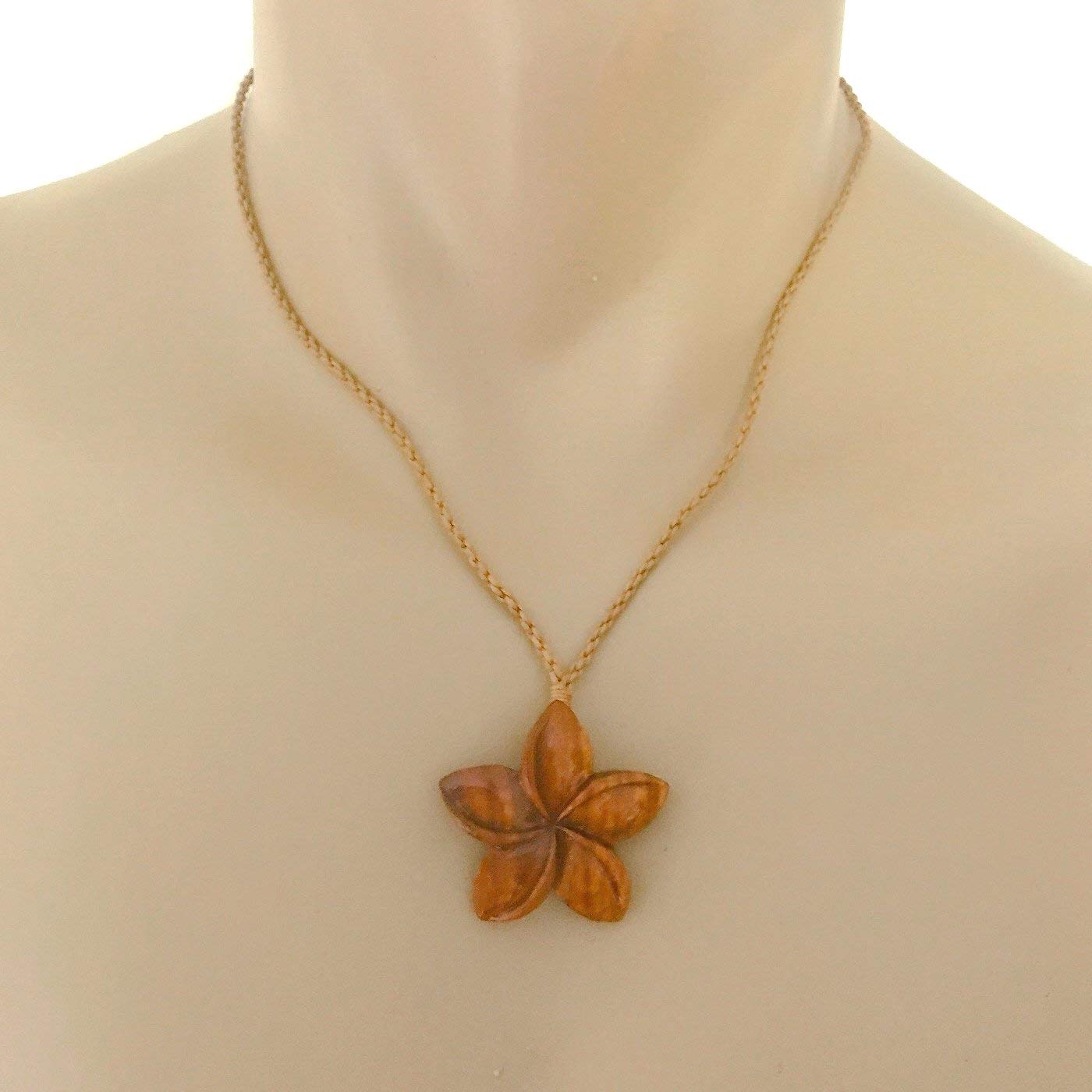 Hawaiian Jewelry Hand Carved Koa Wood Hawaii Plumeria Flower Necklace from Hawaii