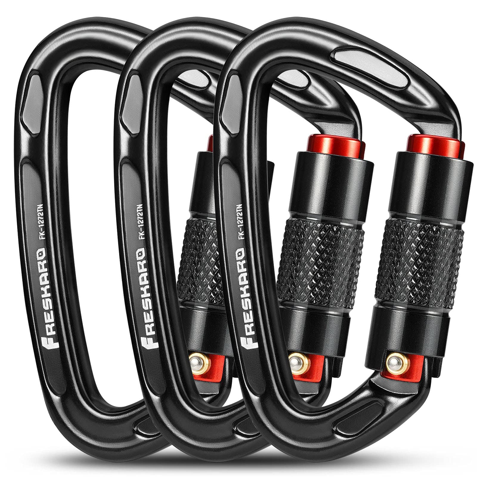 FresKaro 25kn Climbing Carabiners Double Locking Carabiner Clips, Heavy duty carabiner for Rock Climbing, Rappelling, hunting, or survival gear kit, gym equipment, Cerfified UIAA Carabiner Black