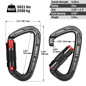 FresKaro 25kn Climbing Carabiners Double Locking Carabiner Clips, Heavy duty carabiner for Rock Climbing, Rappelling, hunting, or survival gear kit, gym equipment, Cerfified UIAA Carabiner Black