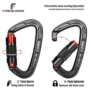 FresKaro 25kn Climbing Carabiners Double Locking Carabiner Clips, Heavy duty carabiner for Rock Climbing, Rappelling, hunting, or survival gear kit, gym equipment, Cerfified UIAA Carabiner Black