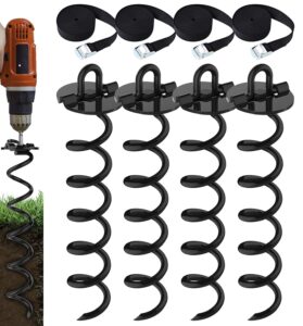 eurmax usa 4-pc pack spiral stakes heavy duty anchor kit ice screw anchor for trampoline, tents, tarps, canopies,car ports,dog tie out and etc bonus tie down straps 4-pc pack (black)