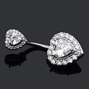 14G Double Heart Diamond Cubic Zirconia Navel Belly Button Ring Surgical Steel Piercing Jewelry (Steel)