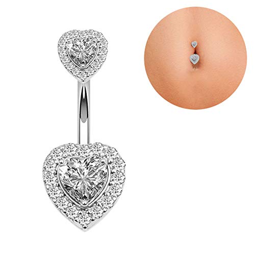 14G Double Heart Diamond Cubic Zirconia Navel Belly Button Ring Surgical Steel Piercing Jewelry (Steel)