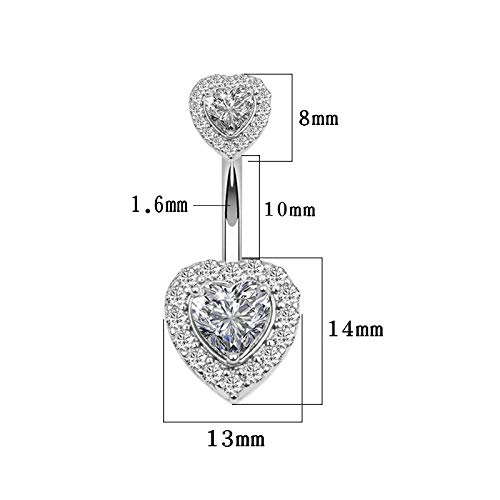 14G Double Heart Diamond Cubic Zirconia Navel Belly Button Ring Surgical Steel Piercing Jewelry (Steel)