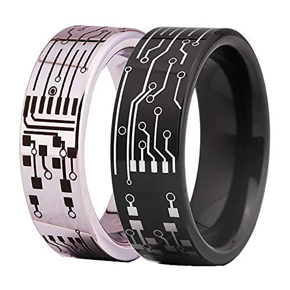 CLOUD DANCER Computer Circuit Pattern Ring-8mm Width Tungsten Carbide Ring Wedding Ring and Engagement ring-Free Engraving Inside (Black Pipe, 9.5)