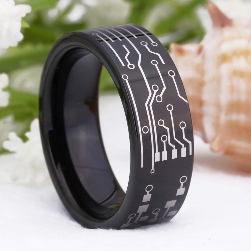 CLOUD DANCER Computer Circuit Pattern Ring-8mm Width Tungsten Carbide Ring Wedding Ring and Engagement ring-Free Engraving Inside (Black Pipe, 9.5)