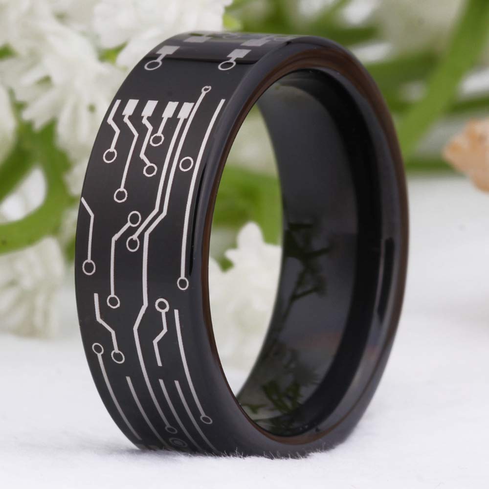 CLOUD DANCER Computer Circuit Pattern Ring-8mm Width Tungsten Carbide Ring Wedding Ring and Engagement ring-Free Engraving Inside (Black Pipe, 9.5)