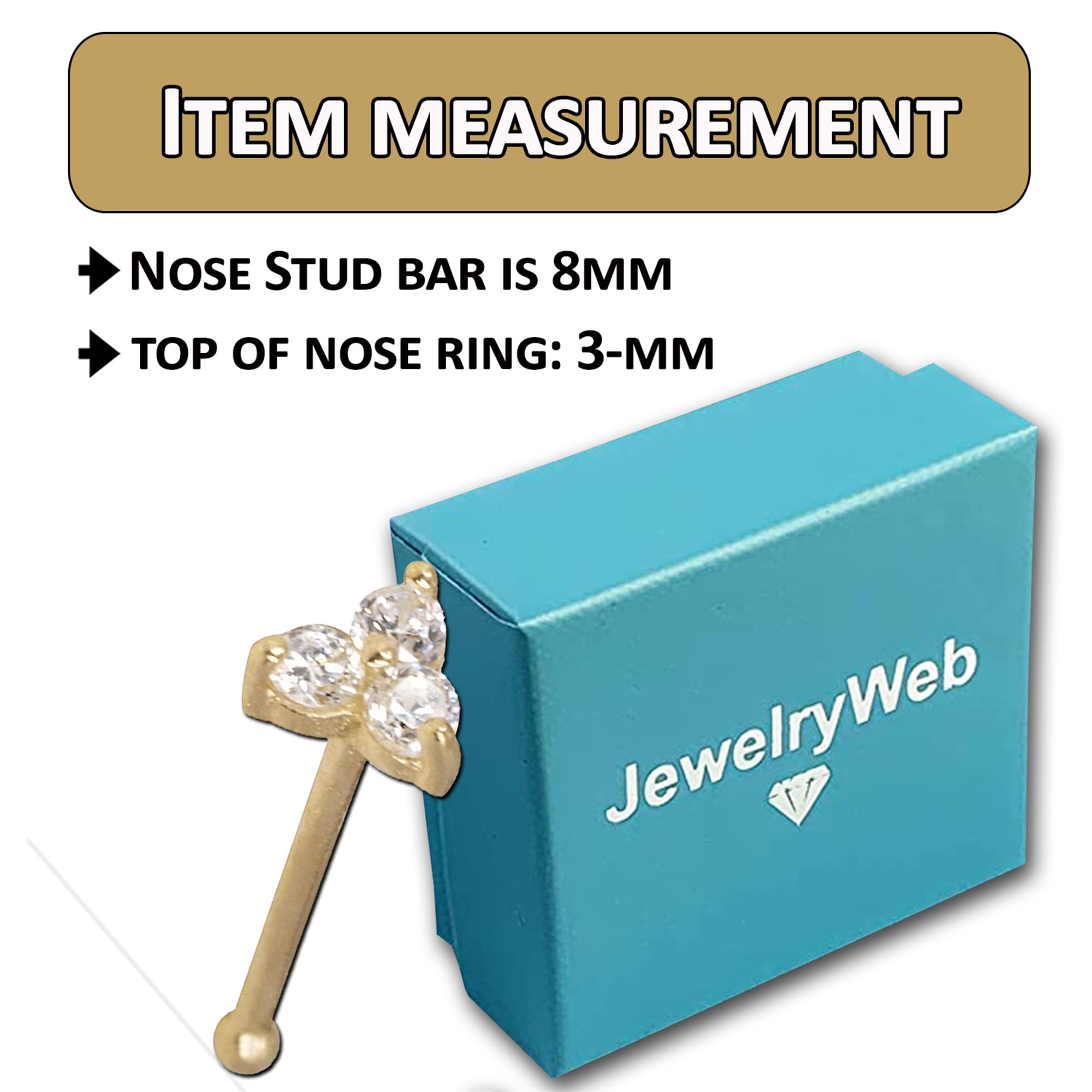 JewelryWeb Solid 14ct Yellow Gold 3 mm 20 Gauge 3 stone CZ Cubic Zirconia Simulated Diamond Nose Stud Ye (Yellow Gold) Jewelry Gifts for Women