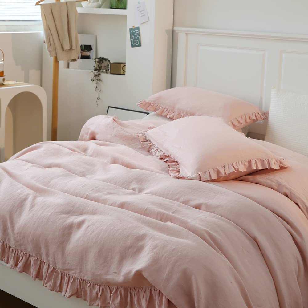 Simple&Opulence 100% Linen Frill Farmhouse Duvet Cover Set,King Size(104''x92''),3 Piece Belgian Flax Bedding(1 Comforter Cover+2 Pillowshams)with Ruffled Edges,Natural Soft and Breathable,Blush Pink