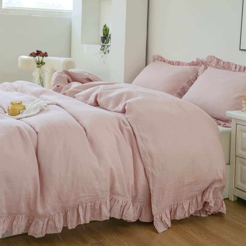 Simple&Opulence 100% Linen Frill Farmhouse Duvet Cover Set,King Size(104''x92''),3 Piece Belgian Flax Bedding(1 Comforter Cover+2 Pillowshams)with Ruffled Edges,Natural Soft and Breathable,Blush Pink