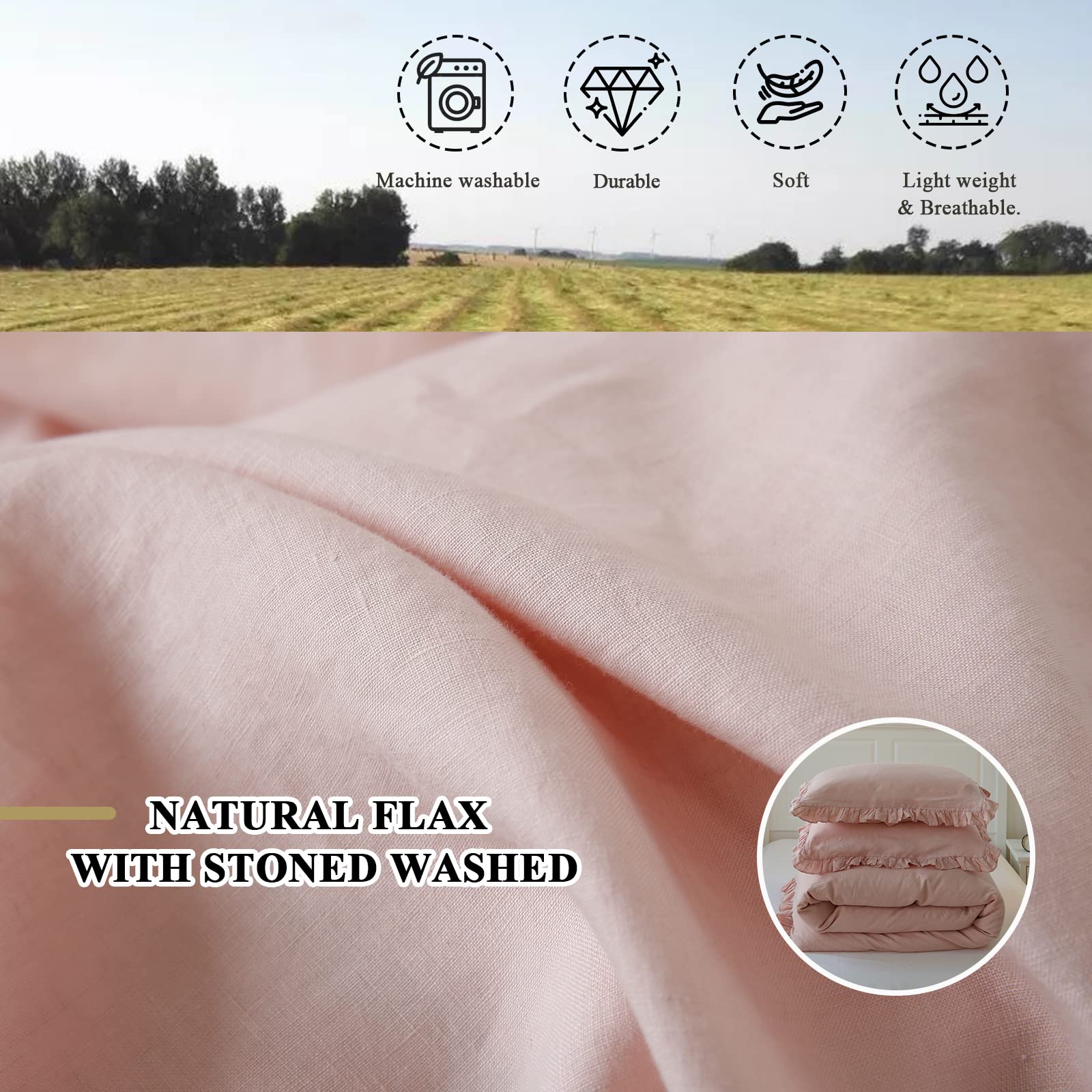 Simple&Opulence 100% Linen Frill Farmhouse Duvet Cover Set,King Size(104''x92''),3 Piece Belgian Flax Bedding(1 Comforter Cover+2 Pillowshams)with Ruffled Edges,Natural Soft and Breathable,Blush Pink