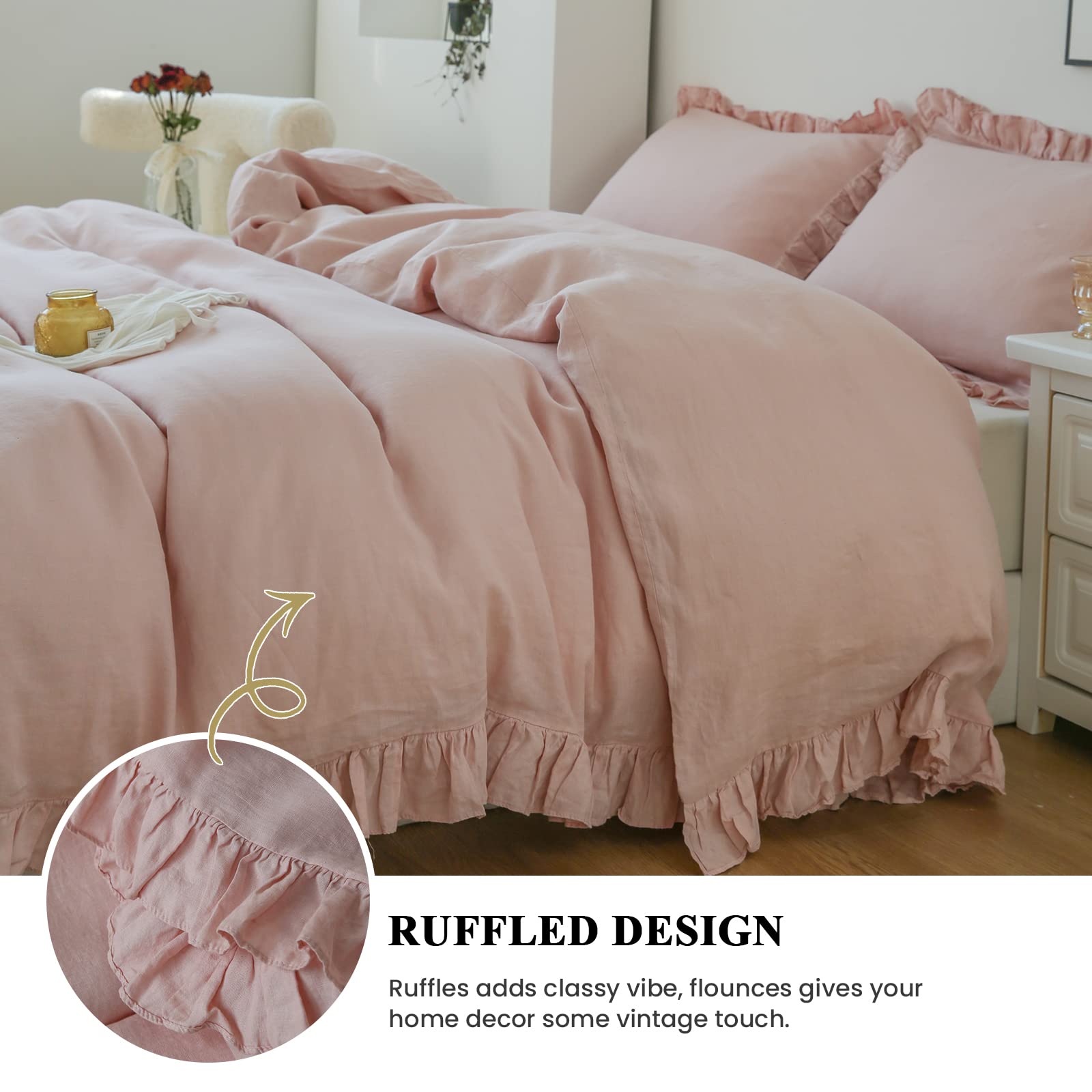 Simple&Opulence 100% Linen Frill Farmhouse Duvet Cover Set,King Size(104''x92''),3 Piece Belgian Flax Bedding(1 Comforter Cover+2 Pillowshams)with Ruffled Edges,Natural Soft and Breathable,Blush Pink