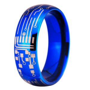 cloud dancer 8mm width blue dome tungsten carbide ring computer circuit pattern ring wedding ring and engagement ring-free engraving inside (7.5)