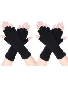 pangda 2 pairs unisex fingerless gloves half finger stretchy knit gloves lengthen wrist mittens winter warm gloves (size 1, black)