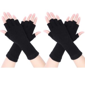 Pangda 2 Pairs Unisex Fingerless Gloves Half Finger Stretchy Knit Gloves Lengthen Wrist Mittens Winter Warm Gloves (Size 1, Black)