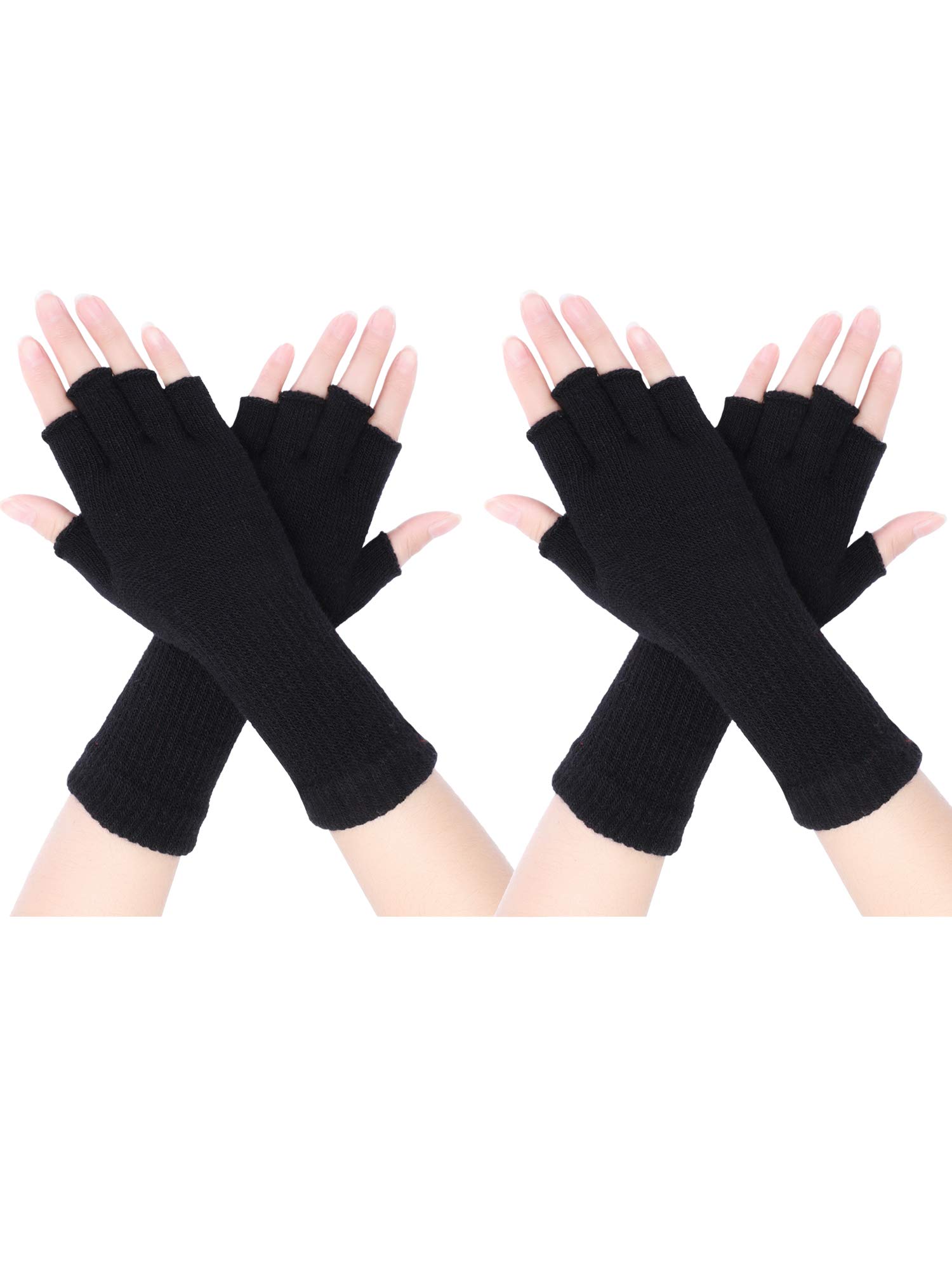 Pangda 2 Pairs Unisex Fingerless Gloves Half Finger Stretchy Knit Gloves Lengthen Wrist Mittens Winter Warm Gloves (Size 1, Black)