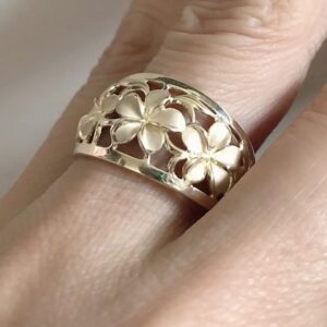 Zero Gravity Hawaii Hawaiian Heirloom Jewelry 14k Yellow Gold Cut Out 5 Plumeria Taper Ring (11)