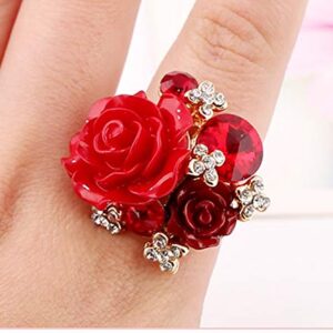 Women's Rose Gold Plated Flower Rings Colorful Crystal Statement Rings Wedding Band Engagement Ring - Red