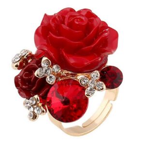 Women's Rose Gold Plated Flower Rings Colorful Crystal Statement Rings Wedding Band Engagement Ring - Red