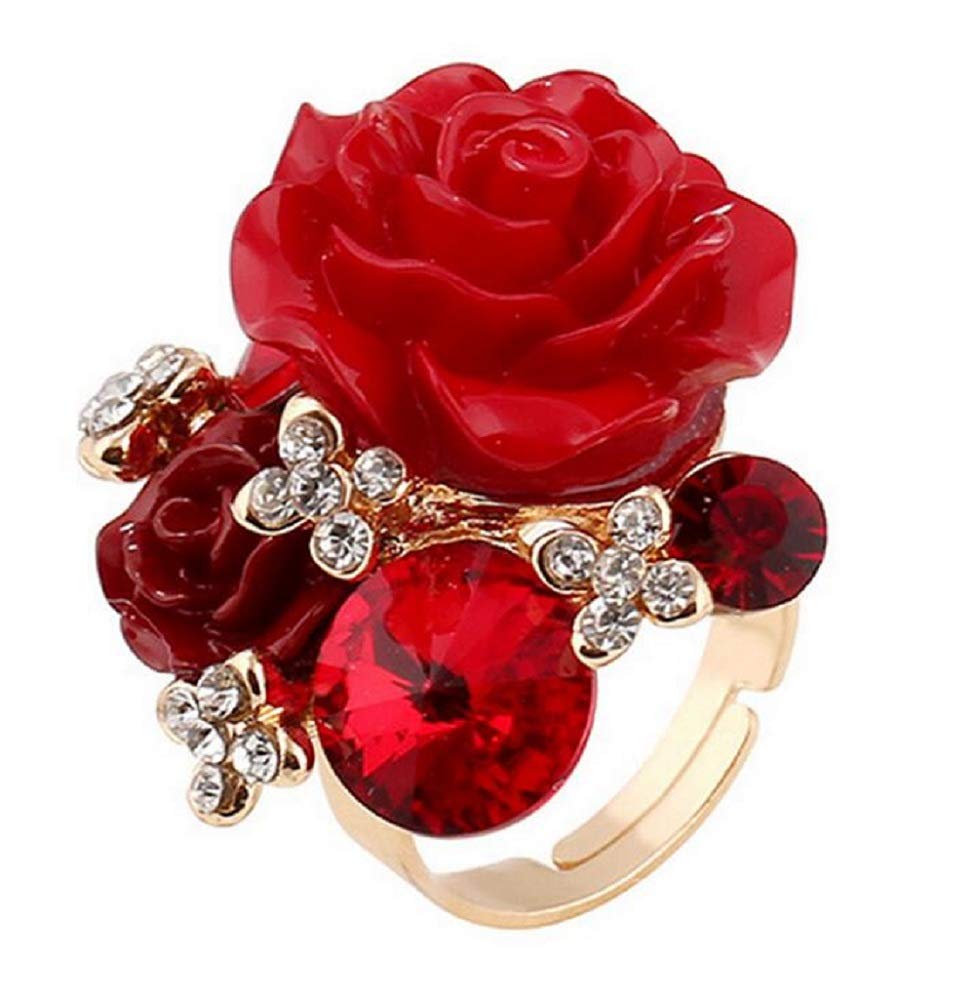 Women's Rose Gold Plated Flower Rings Colorful Crystal Statement Rings Wedding Band Engagement Ring - Red